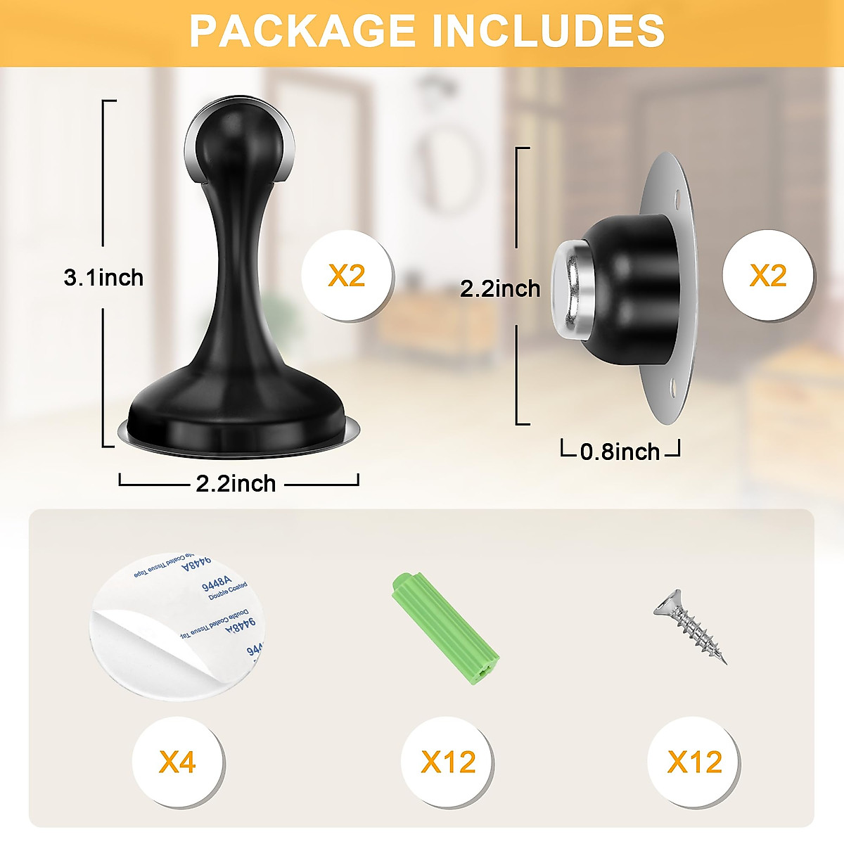 Crosize Magnetic Door Stoppers 2 Pack, Stainless Steel Door Stops for Wall and Floor Mounting, Door Holder Keep Door Open, No Drilling Door Stop with 3D Adhesive Tapes, Black