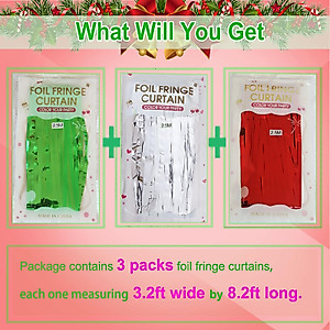 Christmas Foil Fringe Curtain -3 Pack of 3.2x8.2ft Red Silver Green Tinsel Fringe Backdrop Streamers for Christmas Ugly Sweater Party New Years Eve Party Supplies 2024 Photo Backdrop Party Decorations