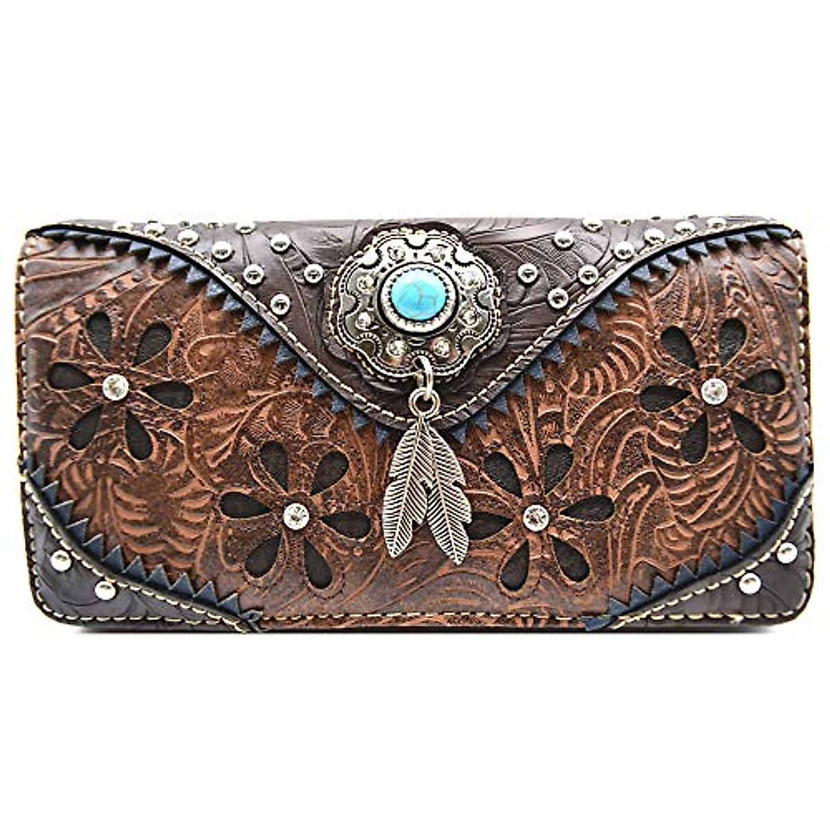 Tooled Leather Laser Cut Flower Feather Purse Studs Country Western Handbag Women Shoulder Bag Wallet Set (Coffee 2)
