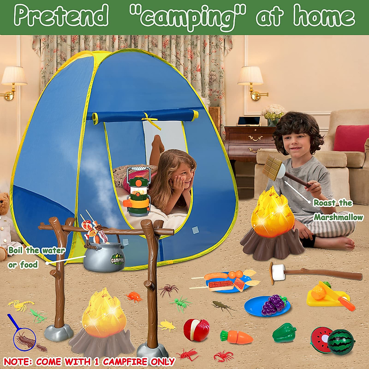 MITCIEN Kids Play Tent with Campfire, Toddlers Camping Set, Oil Lantern with Sound, Cut Up Fruits, Marshmallow, Skewers, Pretend Camping Toys for 3 4 5 6+ Year Old Boys and Girls