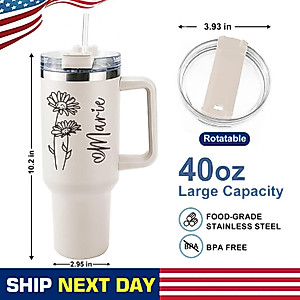 ThermoThrill Ships Next Day, Personalized 40 Oz Tumbler with Handle and Straw, Custom Tumbler with Text Photo Stainless Steel Travel Mug Customized Birthday Gifts for Women Men