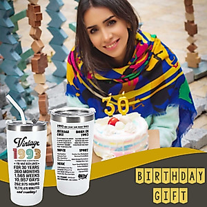 Jettryran 30th Birthday Gifts for Women Men 30 Years Old Gifts- 20 oz Double-sided Vintage 1993 Time with Information Tumbler Cup（white） Turning 30- TW001