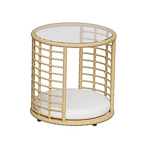 3 Piece Patio Bistro Set, Bistro Table and Chairs Set of 2 with Elevated Back Cushion, Round Glass Top Coffee Side Table, Patio Rattan Conversation Set for Balcony, Lawn, Garden, Backyard, White