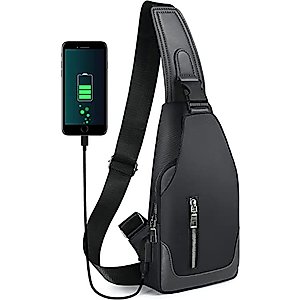 Aucuu Sling Backpack with USB Charging Port, Chest Bag Crossbody Daypack Shoulder Bag for Men, Hiking, Cycling, Travel - Black