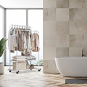 ZZBIQS 2-Tiers Rolling Garment Rack with Shelves, Clothing Rack on Wheels, Heavy Duty Coat Rack, Double Hanging Rails & Lockable Wheels, 31" L x 20" W x 53" H, Max Load 170LBS, White