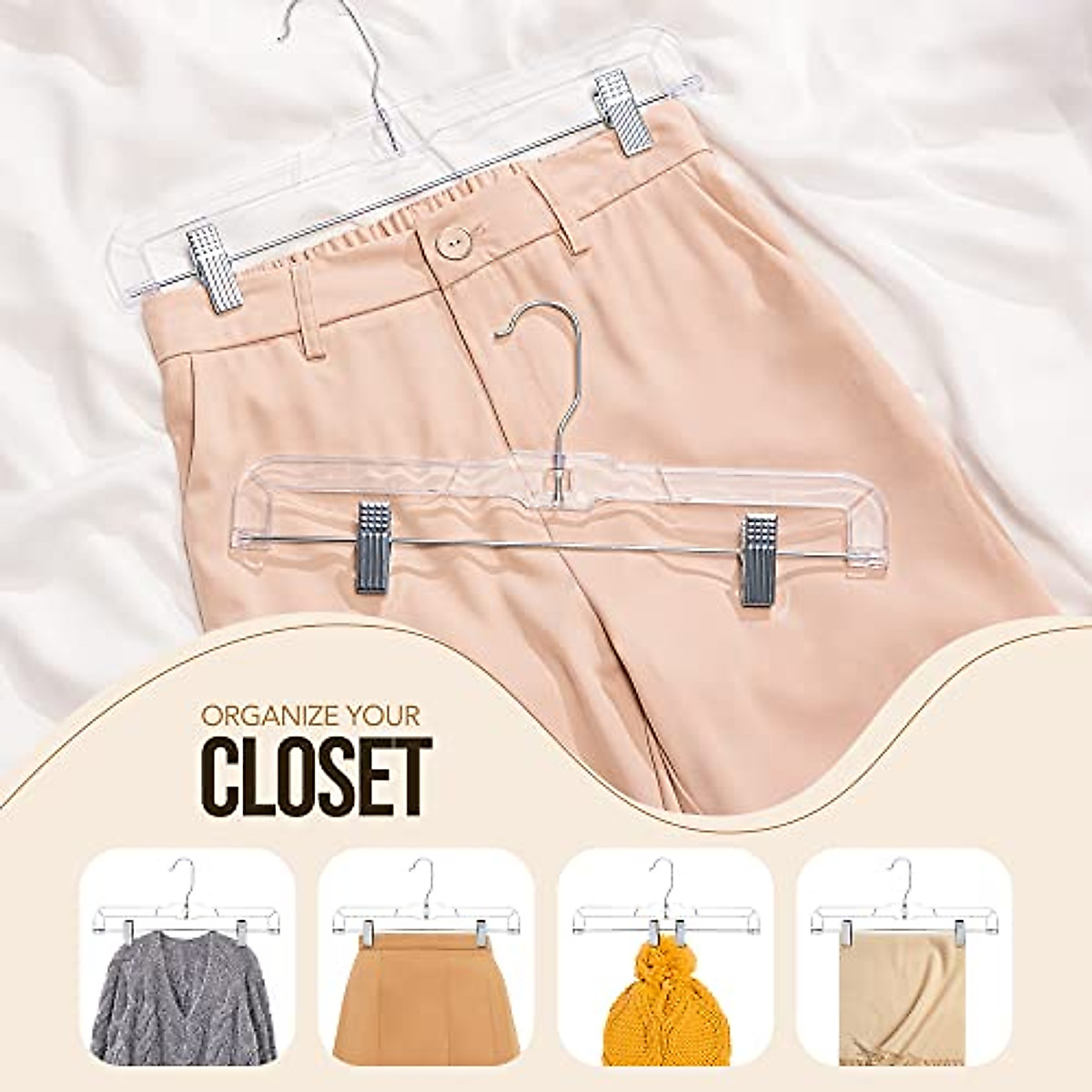 HOUSE DAY 50 Pack 14 inch Clear Plastic Skirt Hangers with Clips, Skirt Hangers, Clip Hangers for Pants,Trouser Bulk Plastic Pants Hangers