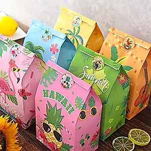 Whaline 24Pcs Hawaiian Tropical Gift Bags Wrapped Treat Bags with Tag Stickers Summer Vibes Party Favor Bags Aloha Candy Bags Kraft Paper Gift Bags for Summer Hula Party Supplies Gift Wrap
