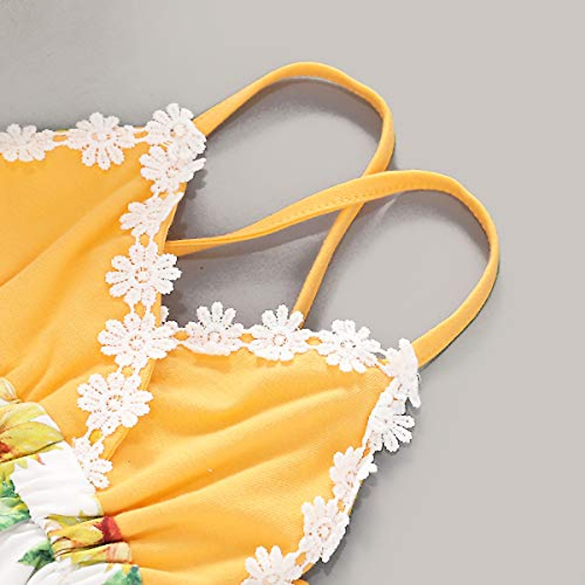 Happy Town Summer Toddler Baby Girl Clothes Cute Fruit/Flower Print Lace Trim Backless Romper Shorts Jumpsuit (Yellow, 18-24 Months)