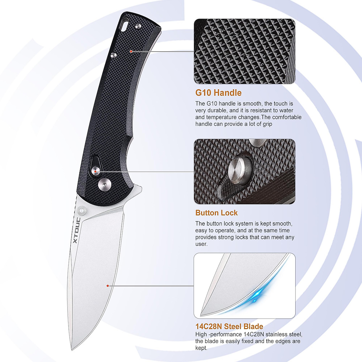 XTOUC Folding Knife EDC Pocket Knife: Button Lock 14C28N Blade Lightweight G10 Handle Camping Knives-Outdoor Hiking for Men