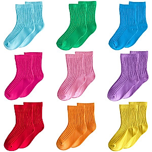 MINI PANDA Little Girl's Socks, Girls Socks Cute,girls Crew Socks 9 Pairs Pack (9 pairs-5, 9-12 Years)