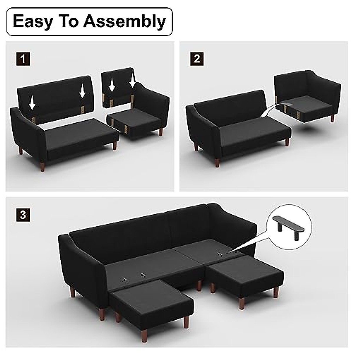 Belffin Black Velvet Fabric U Shaped Sectional Couch with Chaise Small Reversible Sectional Sofa Couch 4-Seater Sectional Sofa Sleeper with Storage Ottoman Foot Rest for Apartment