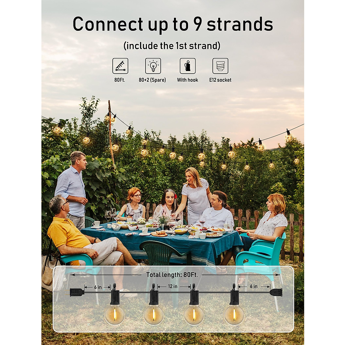 Brightown 80 FT Outdoor String Lights - Connectable Dimmable LED Patio Lights with 80 G40 Globe Plastic Bulbs, All Weatherproof Commercial Hanging Lights for Outside Party Backyard Porch Bistro