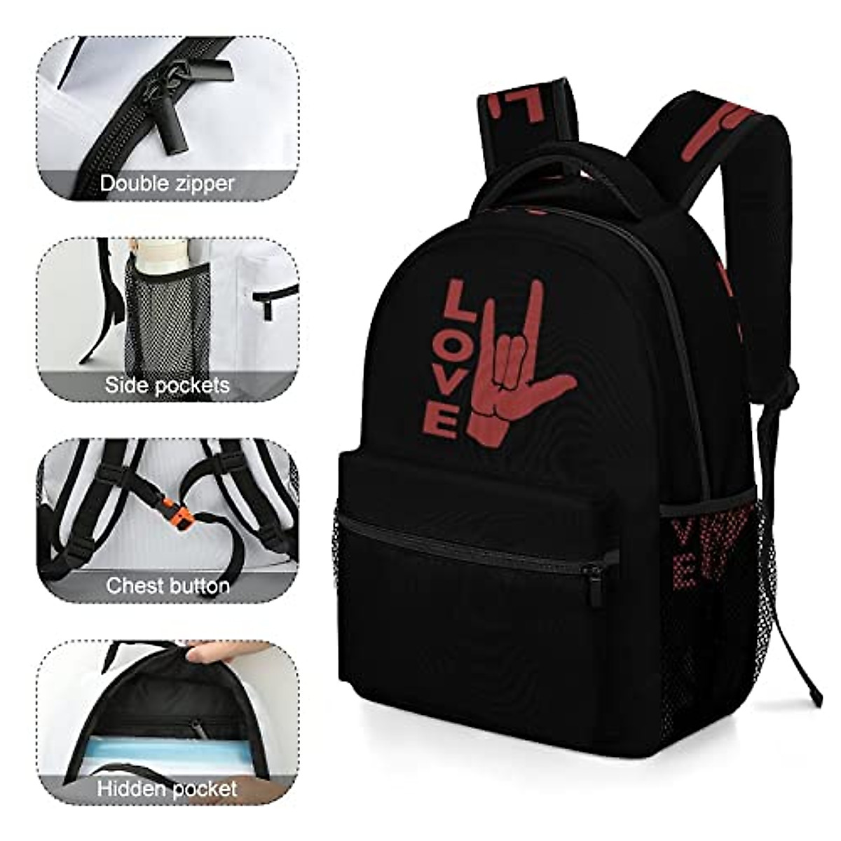 ASL I Love You Sign Language Laptop Backpack Fashion Shoulder Bag Travel Daypack Bookbags for Men Women