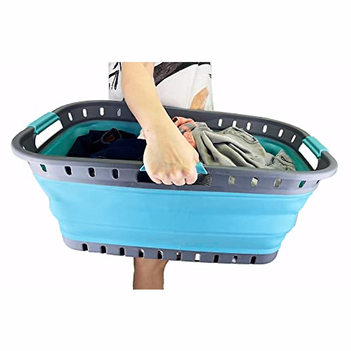 SAMMART 44L (11.6 gallon) Collapsible Plastic Laundry Basket-Foldable Pop Up Storage Container-Portable Washing Tub- pace Saving Hamper, Water Capacity: 35L (9.2 gallon) (Grey/Crystal Blue (Set of 2))