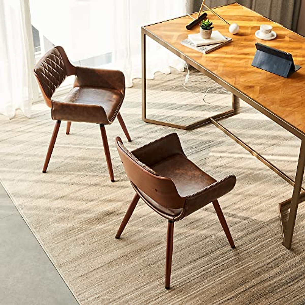 ARTPLAN Leather Dining Arm Chair,Set of 2,Mid Century Modern Accent Chair,Upholstery Small Chair with Wood Legs no Wheels for Bedroom,Side,Corner