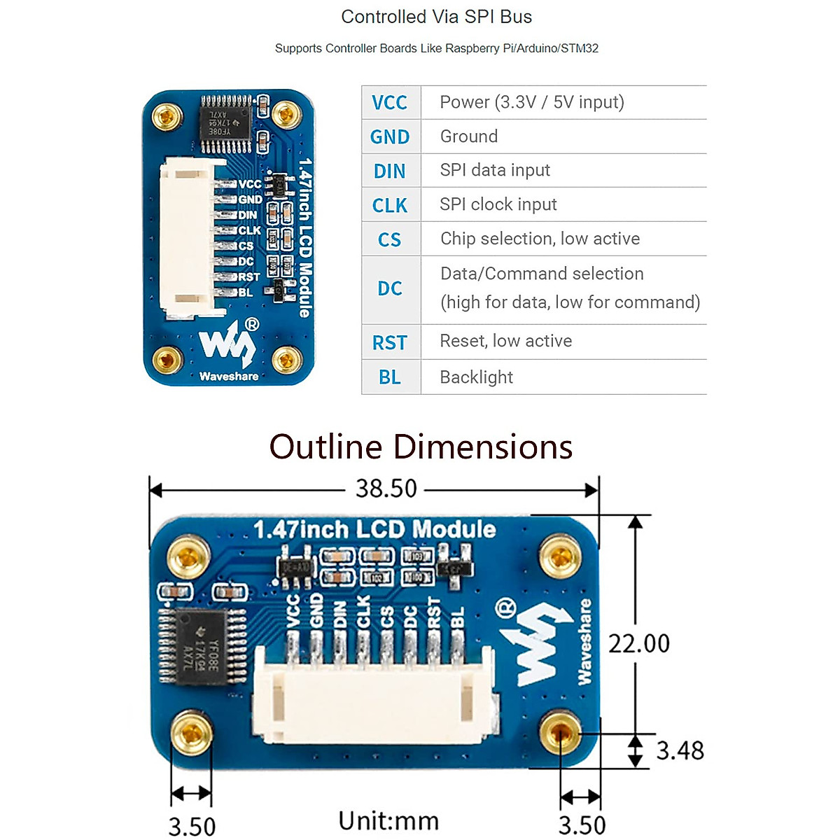 waveshare 1.47inch Round LCD Display Module for Arduin/Raspberry Pi/STM32, IPS Screen Monitor 172x320 Resolution,SPI Interface 262K RGB Colors, Clear and Colorful Displaying Effect