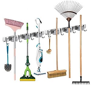 Rose Kuli 2 Pack Mop and Broom Holder, Wall Mounted Organizer Mop and Broom Storage Tool Rack with 6 Ball Slots and 8 Hooks for Garage, Garden, Laundry Room