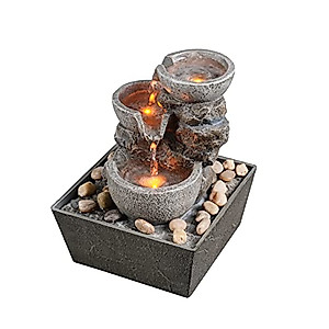 Haobos Decorative Indoor Fountain 3-Bowl Rockery Soothing Sound Tabletop Fountains Home/Office Decor with Led Light/Some Cobblestones(1556A)