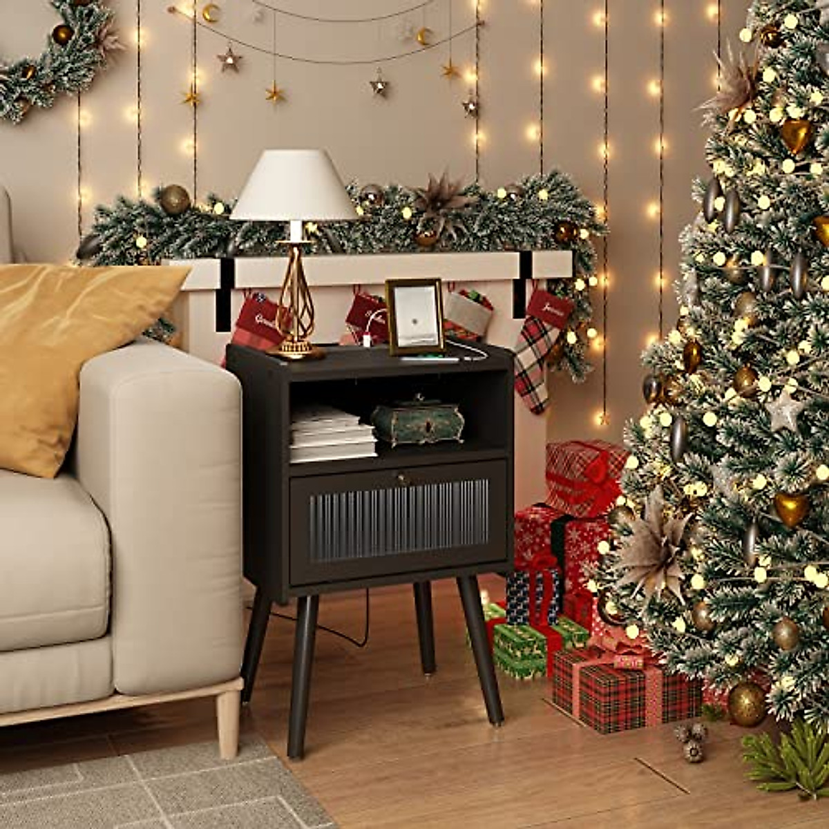 SOOWERY Mid Century Modern Nightstand with Charging Station, Bedside Tables with Glass Decorative Door, End Table Side Table with 2 Tiers Storage Space, for Bedroom, Living Room, Black