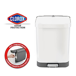 Glad Stainless Steel Step Trash Can with Clorox Odor Protection | Large Metal Kitchen Garbage Bin with Soft Close Lid, Foot Pedal and Waste Bag Roll Holder, 13 Gallon, White