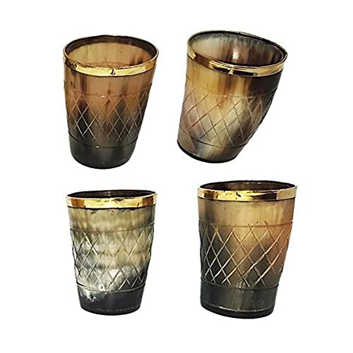 AnNafi® Viking Drinking Horn Glass |Set of 4 pieces Handicrafted Buffalo Horn Glasses | 3 inch Polished With Brass Trim For Ale for Partys |Decorative Handmade Mugs/Glass |Game Of Thrones Collection