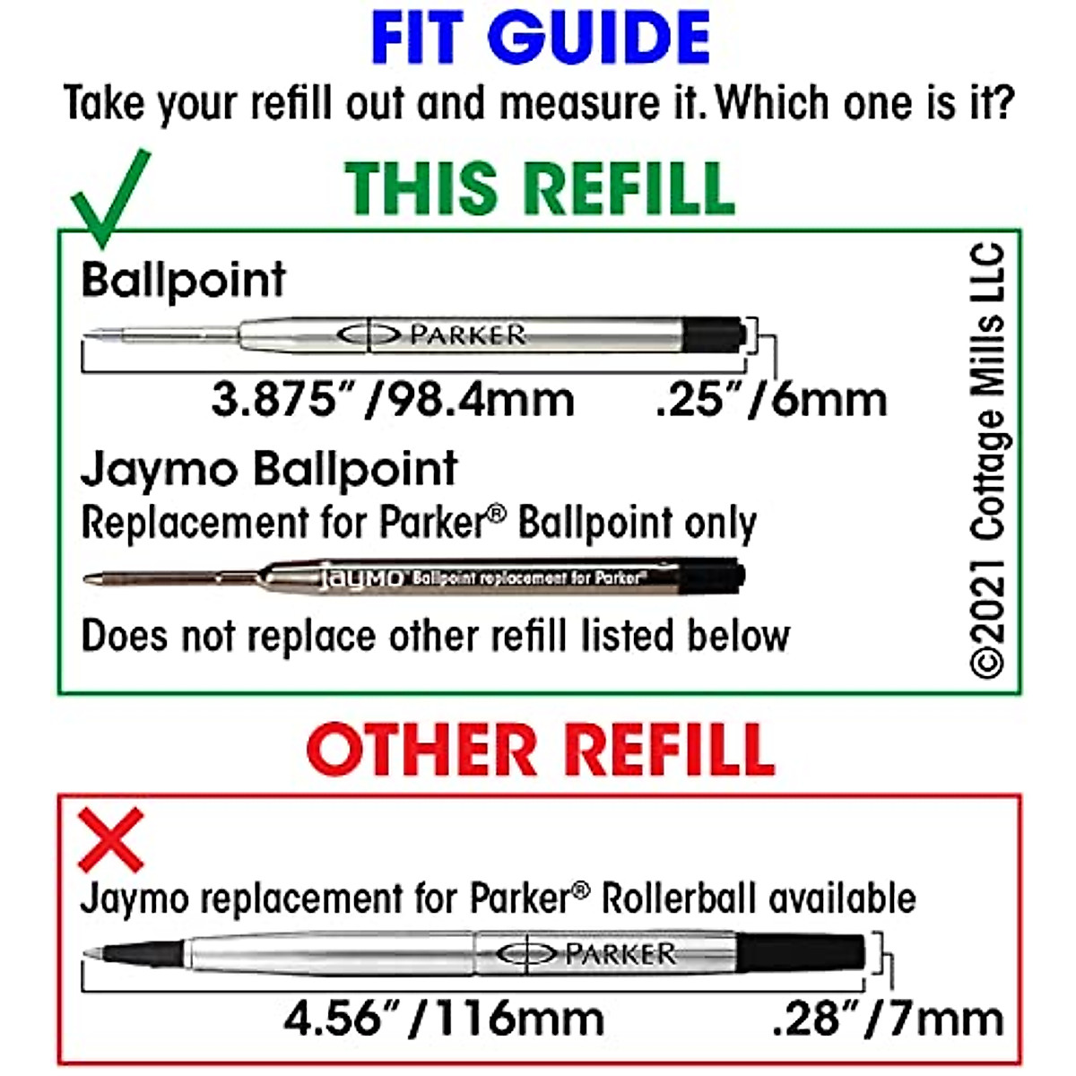 6 - Black Parker® Compatible Ballpoint Pen Refills. Smooth Writing German Ink and 1mm Medium Tip. #1782467