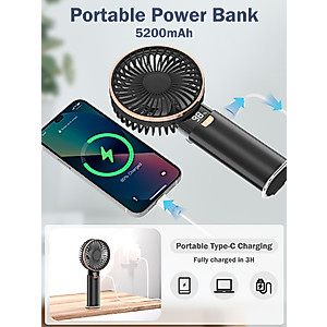 JMOSTRG Handheld Fan - Portable Fan 5200mAh, Metal Handle Mini Hand Held Fan Foldable, USB Rechargeable Personal Fan Power Bank, 6 Speeds Quiet Handheld Fan with LED Display, Cooling Fan for Travel