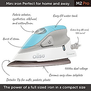 Oliso M2 Mini Project Steam Iron with Solemate - for Sewing, Quilting, Crafting, and Travel | 1000 Watt Dual Voltage Ceramic Soleplate Steam Iron, Turquoise