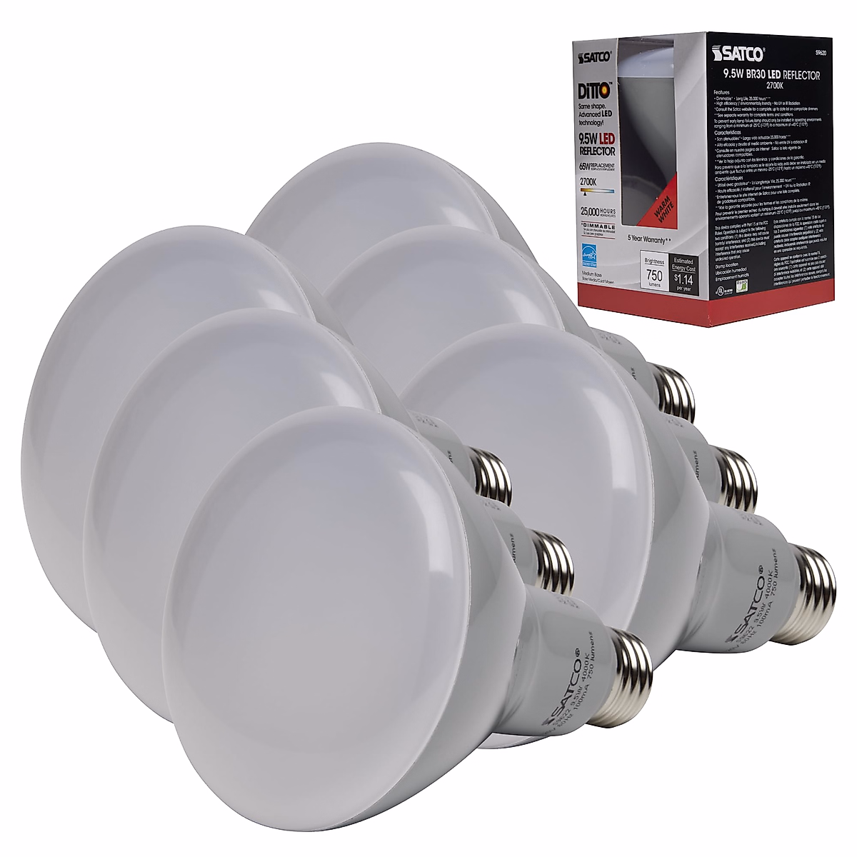 Satco S9620-9.5 Watt BR30 LED Bulb - (6 LED Light Bulbs)
