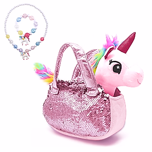PASSIONFRUIT Unicorn Stuffed Plush Animal Toy Set with Purse Necklace & Bracelet - Plush Unicorns Birthday Gifts for Girls - Unique Rainbow Unicorn Stuffed Pet for Age 3 4 5 6 7 yrs. (Pink)