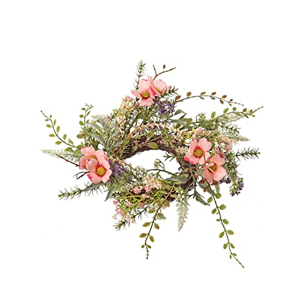 RIBC 11 Inch Wildflower Artificial Floral Candle Ring in Green, Pink and Purple with Natural Twig Base - Candle Holder for Pillar Candles and Glass Hurricanes, Green, Yellow, Pink, Orange