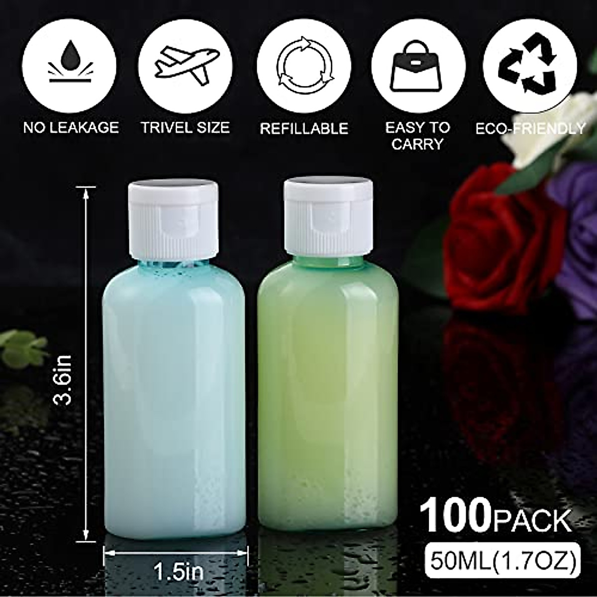 100 Pack 1.7oz/50ml Plastic Empty Squeeze Bottles with Flip Cap Hand Sanitizer Bottle small travel Size bottles Refillable Container for Shampoo Lotion Cream Body Soap Baby Shower Weeding Party Favors