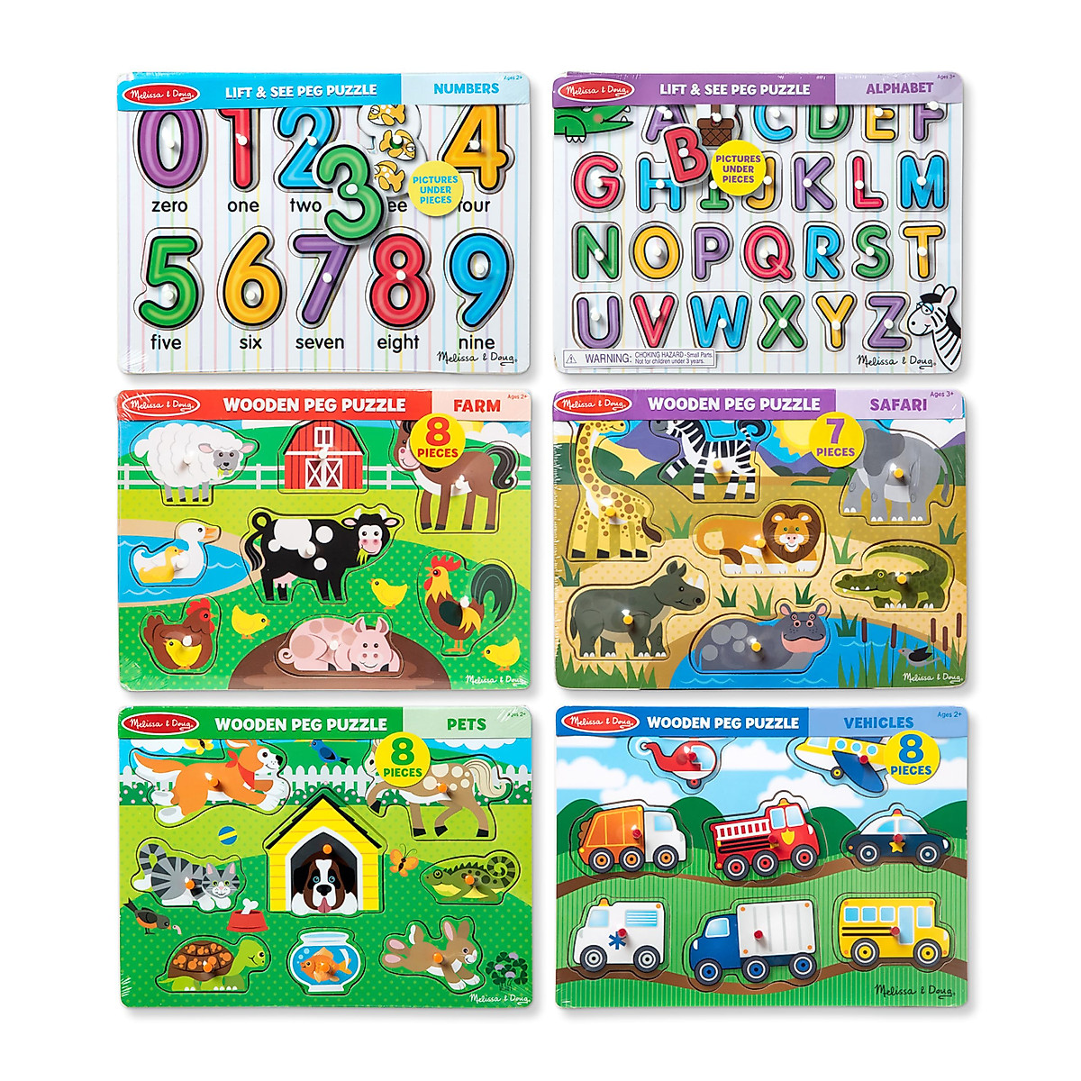 Melissa & Doug Wooden Peg Puzzle 6 Pack Numbers, Letters, Animals, Vehicles