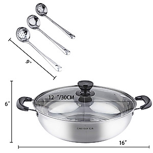 Lake Tian Stainless Steel Shabu Shabu Hot Pot, Dual Sided Yin Yang Hot Pot with Divider Include 3 Pot Spoons, 12 Inch 30 cm鸳鸯火锅