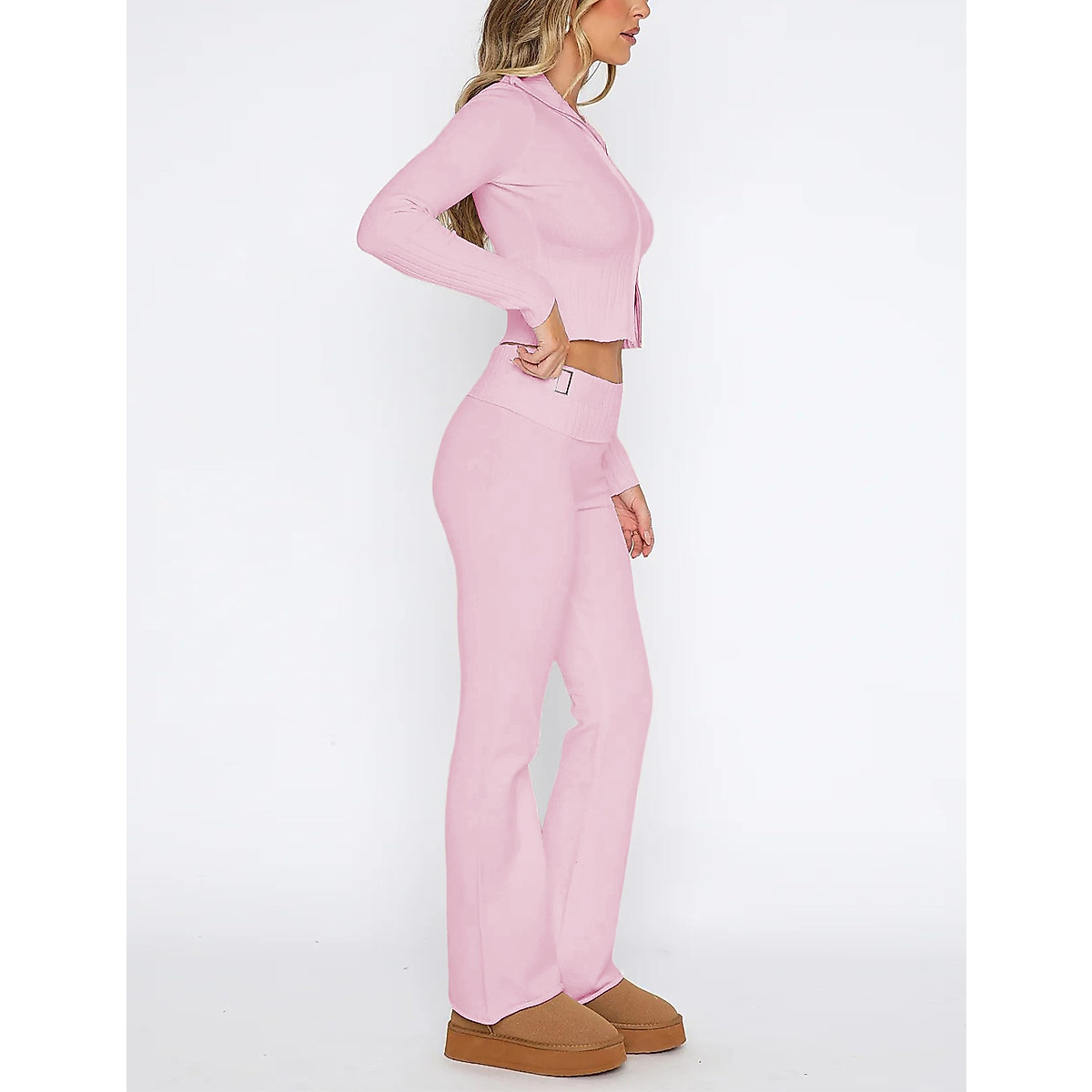 Springrain Women Sweater Sets 2 Piece Lounge Sets Ribbed Zip Hoodie Knitted Outfits(Pink-S)