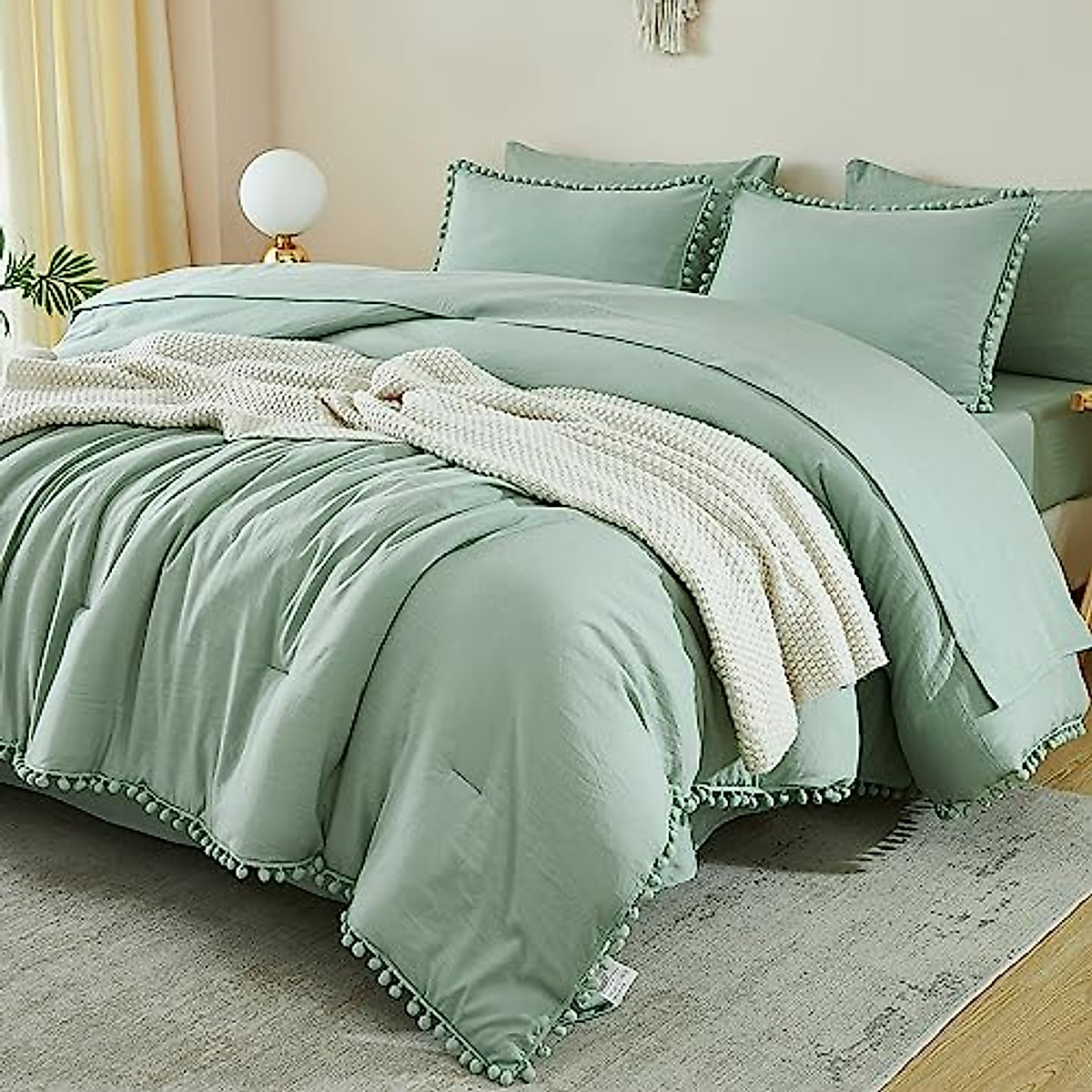 Litanika Queen Comforter Set Sage Green, Bed in a Bag 7 Pieces Pom Pom Fringe Comforter, Aesthetic Boho Bedding Set with Comforter, Sheet, Pillowcases & Shams
