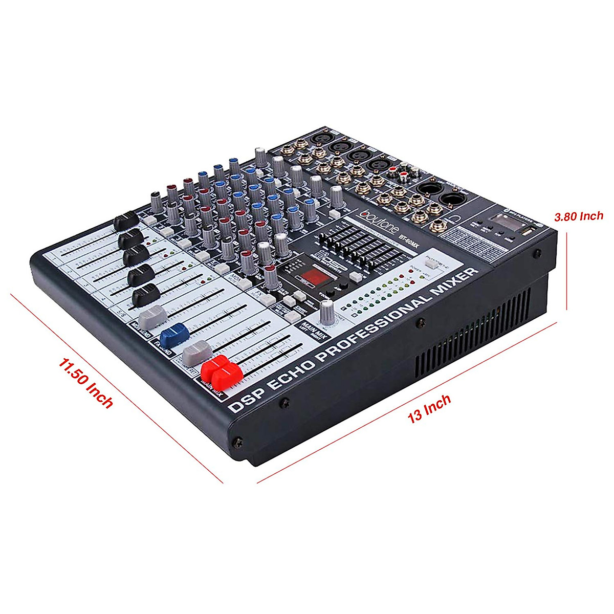 Boytone BT-60MX, 6 Channel Bluetooth Audio Mixer - DJ Sound Controller, USB MP3 Player, 4 XLR Microphone Jack, 7 Band EQ, 16 DSP Digital Multi Effects Processor, RCA IN-OUT Jack, 48V Phantom Power
