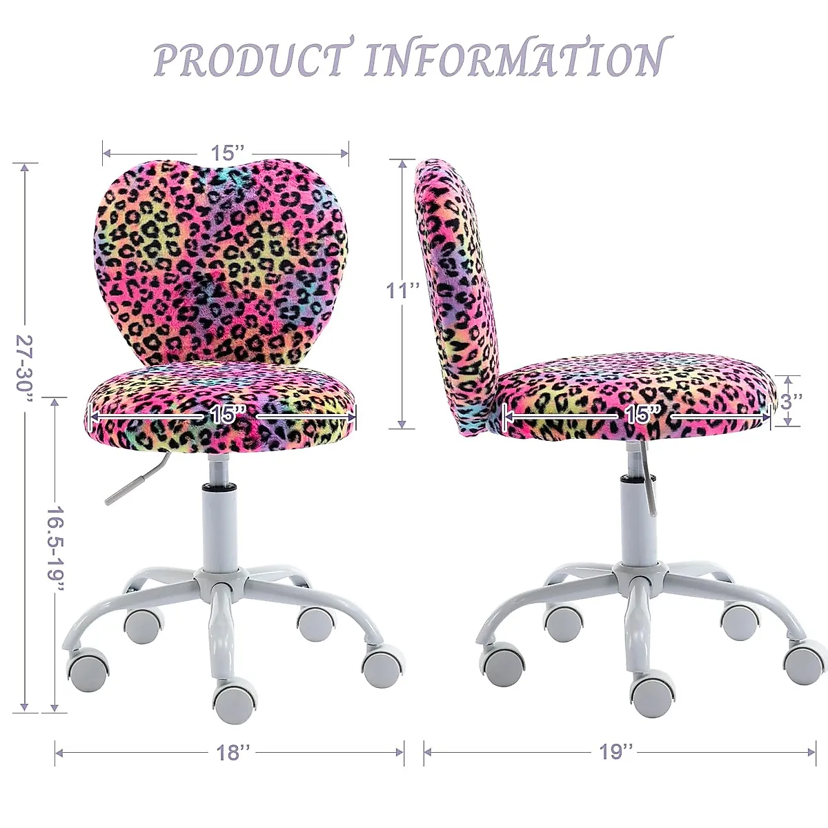 LZAREAL Cute Fuzzy Kids Chair for Teenage Girls Rolling Study Desk Student Chair Furry Computer Task Chair, Adjustable Heart Shaped Reading Vanity Chair for Bedroom, Leopard