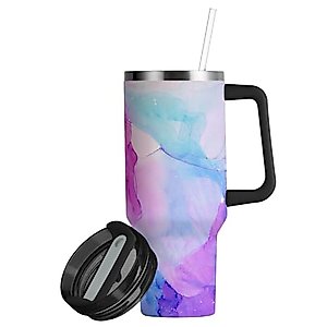 Yasala Car Tumbler with Handle Fantasy Marble Art Pinks Purples Travel Mug Coffee Cup Insulated Beverage Container Mega Cup for Hot Cold Drinking Thermos Water Bottle Cupholder Friendly 40 oz