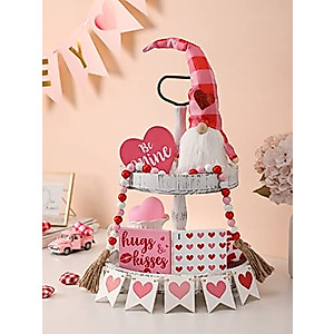 Valentine's Day Tiered Tray Décor Set of 6, Gnome Plush, Wooden Heart Wood Sign Heart Ornament, Valentine's Day Table Decoration Sign Décor
