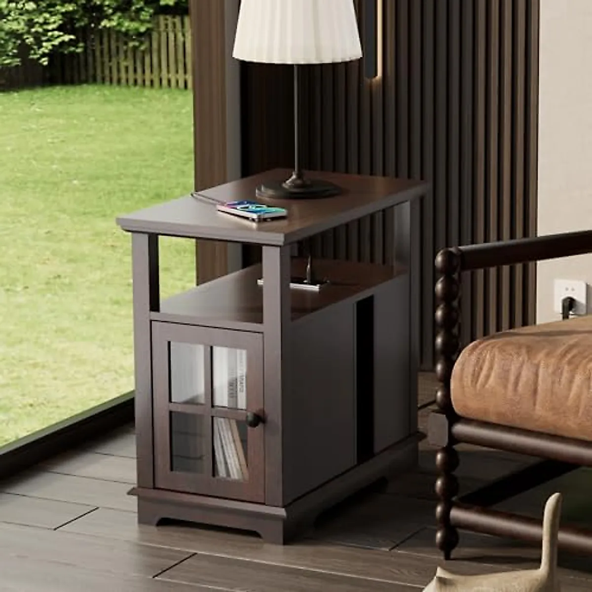 HIFYOBRO End Table with Fast Charging Station, Side Table on Wheels, Storage End Table with Electric Fireplace, Suitable for Living Room Bedroom (Espresso)