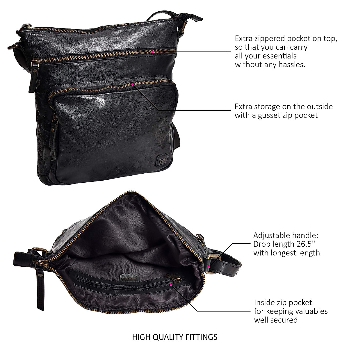 Real Leather Crossbody Bags Purses for Women Shoulder Handbags Crossover Handmade Stylish Trendy Pocketbook (Black Washed Vintage)