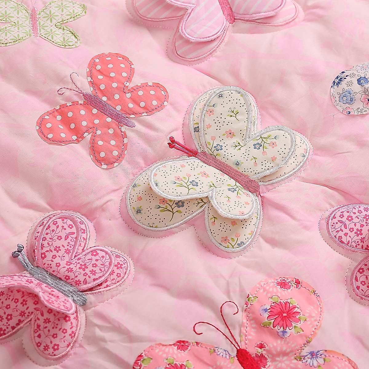 7 PCs Pink Embroidery Butterfly Nursery Crib Bedding Set 100% Cotton Baby Girl 3D Butterfly Themed Cot Bedding Set 1 Quilt, 1 Skirt, 1 Fitted Sheet, 1 Window Valance, 3 Butterfly Shaped Wall Decor
