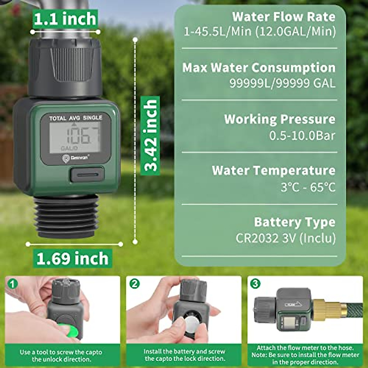 Geevon Water Flow Meter Garden Hose Water Meter, Standard 3/4" Hose Thread, High Accuracy & IPX6 Waterproof, Suitable for Garden Watering, Pool, RV Filling