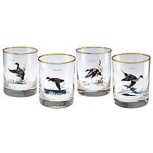 Culver Ned Smith 22k Gold Rim Waterfowl DOF Double Old-Fashioned Glasses, 13.5-Ounce, Assorted Set of 4