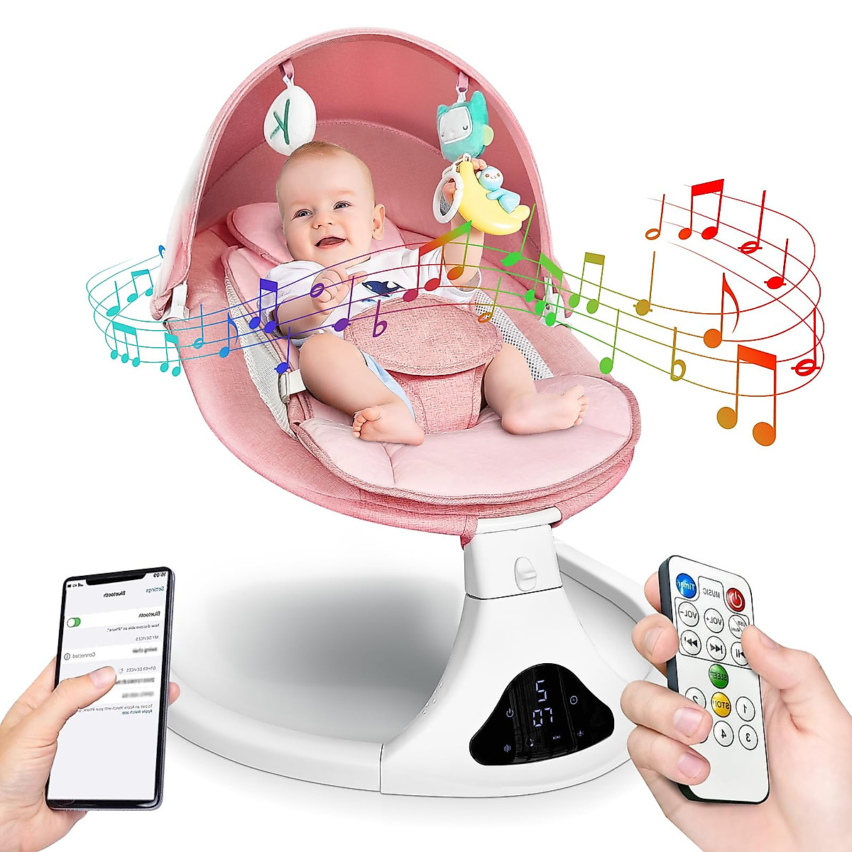 Baby Swing for Infants,Electric Portable Swing for Baby Boy Girl,Remote Control Indoor Baby Rocker with 5 Sway Speeds,3 Timer Settings,12 Music and Bluetooth.(Pink)