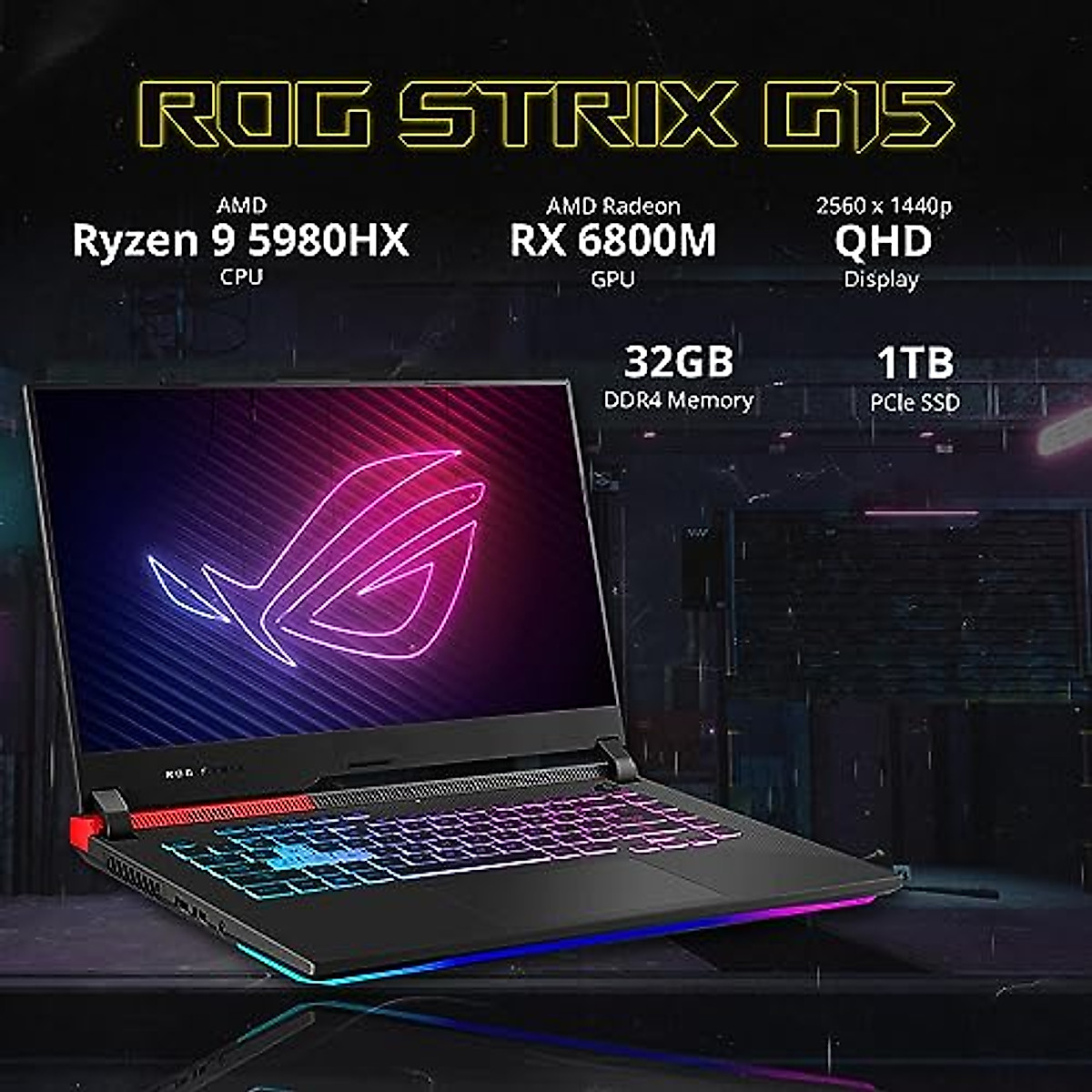 ASUS ROG Strix G15 Advantage Edition Gaming Laptop, 15.6" QHD 165Hz Display, AMD Ryzen 9 5980HX, 32GB RAM, 1TB PCIe SSD, RGB Backlit Keyboard, Radeon RX 6800M, Win 11 Pro, Black, 32GB USB Card
