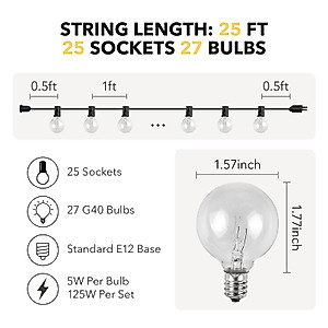 HBN 25ft Outdoor String Lights-Outdoor Incandescent String Lights, 27 G40 Bulbs (2 Spare) 5W 2200K Warm White, Connectable & Dimmable, IP44 Waterproof-Garden/Backyard/Patio/Porch/Courtyard/Café
