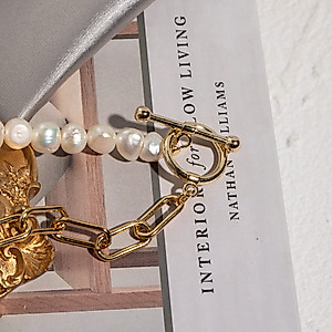 Cowlyn Paperclip Pearl Bracelet Baroque Culture Link Chain 14K Gold Plated Dainty Handmade Bangle Charm Jewelry Present for Women