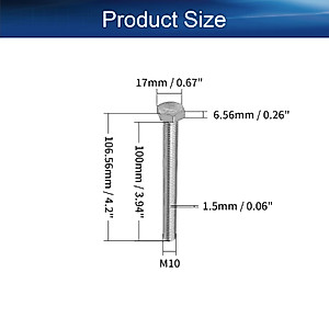 Bettomshin 5Pcs M10 x 100mm Hex Bolts, 304 Stainless Steel 1.5mm Thread Pitch Fully Threaded Metric Hex Head Screw Bolts, Hexagon Screw Bolt, Hex Tap Bolts, Silver (Overall Size 106.56x17x17mm)